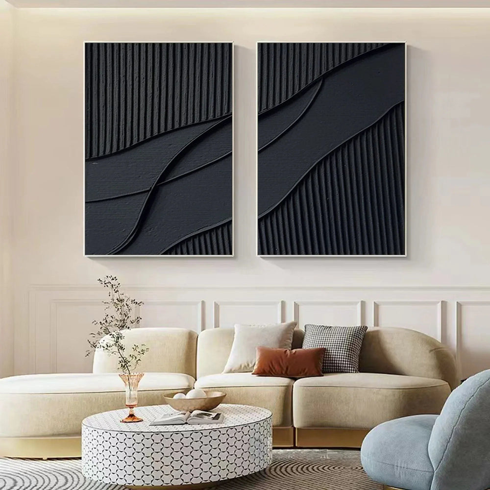 Shadow Waves Abstract Painting SET OF 2-Modern Minimalist Black Textur