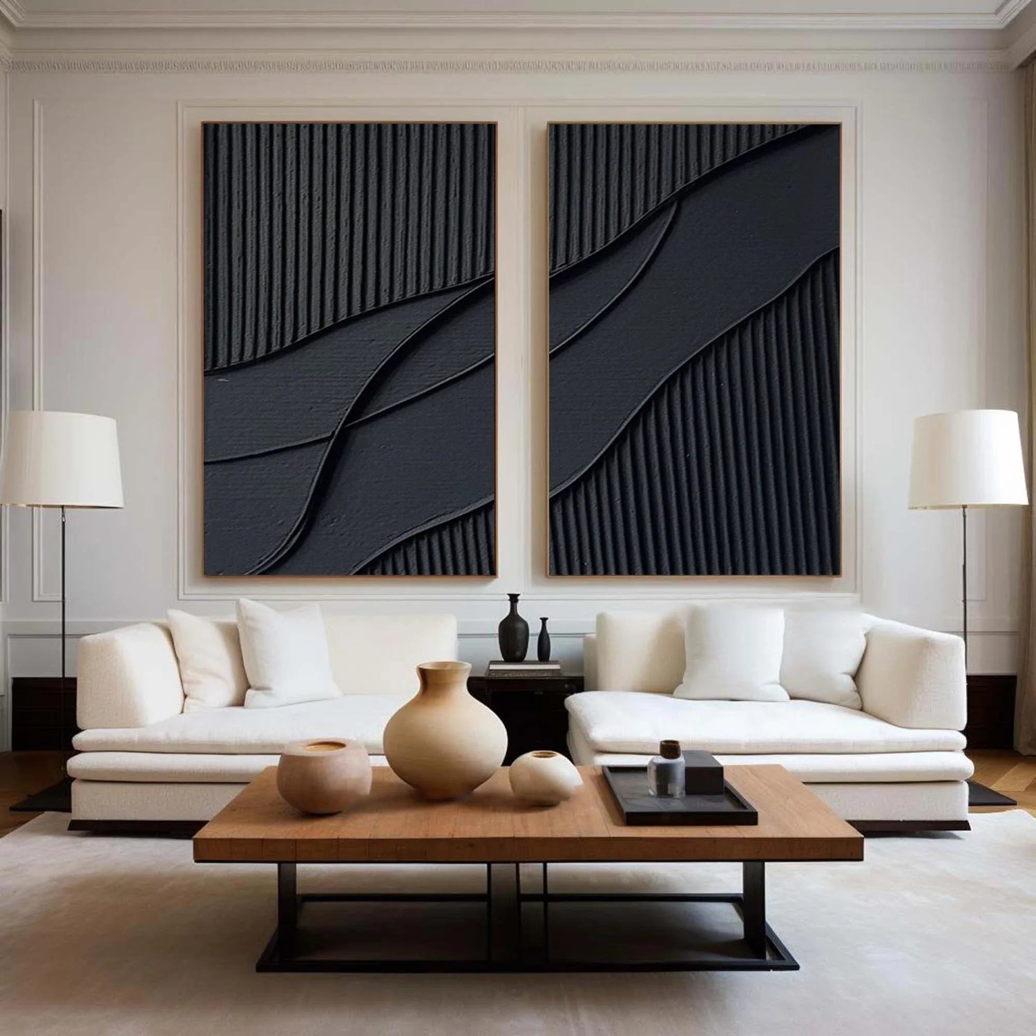 Shadow Waves Abstract Painting SET OF 2-Modern Minimalist Black Textur