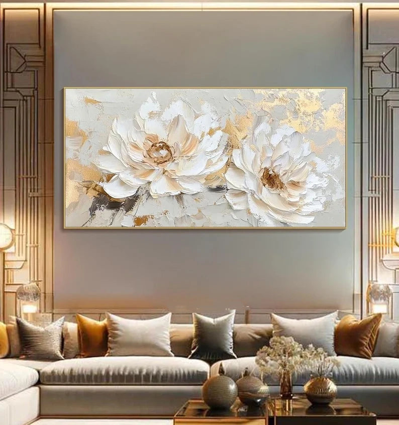 Golden Ivory Blossoms – Luxury White Floral Gold Canvas Art