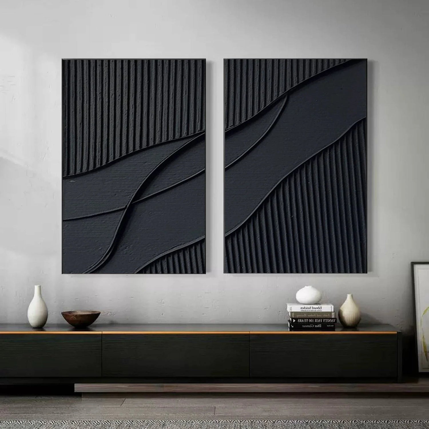 Shadow Waves Abstract Painting SET OF 2-Modern Minimalist Black Textur