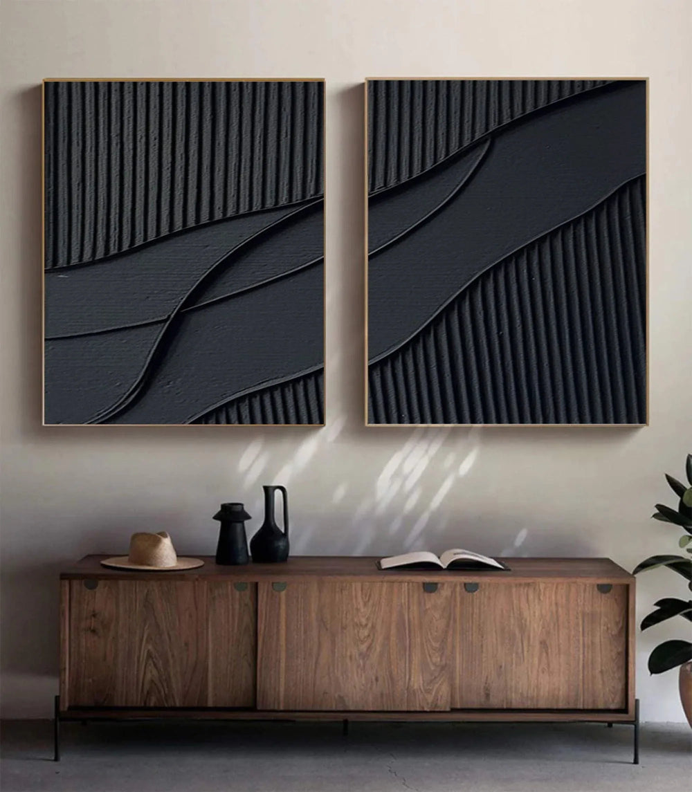 Shadow Waves Abstract Painting SET OF 2-Modern Minimalist Black Textur