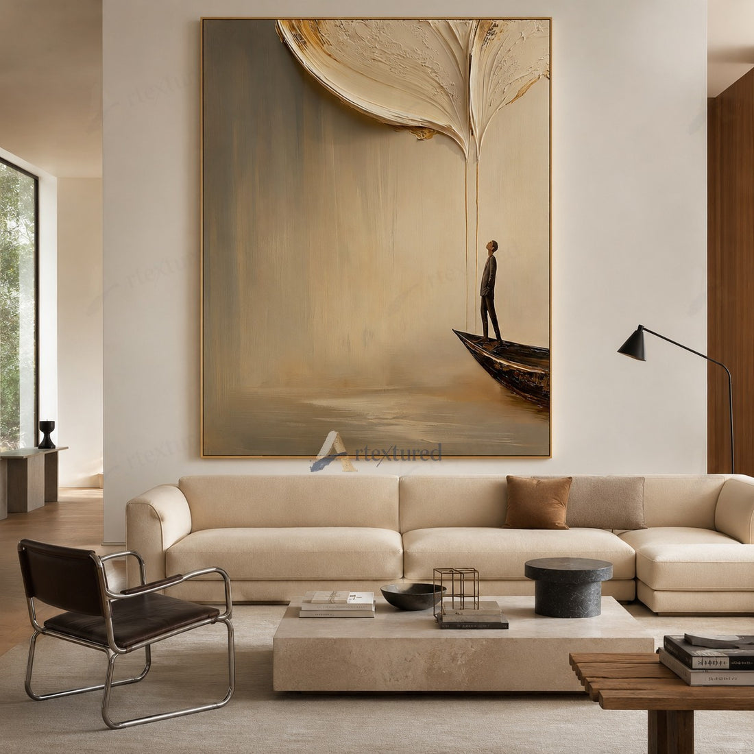 Minimalist Boat Figure Wall Art | Neutral Abstract Canvas